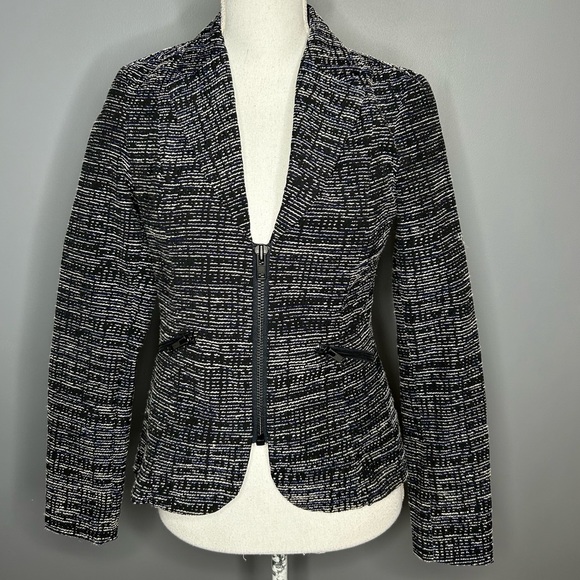 CAbi | Jackets & Coats | Cabi Black Blue And Cream Tweed Zip Front ...